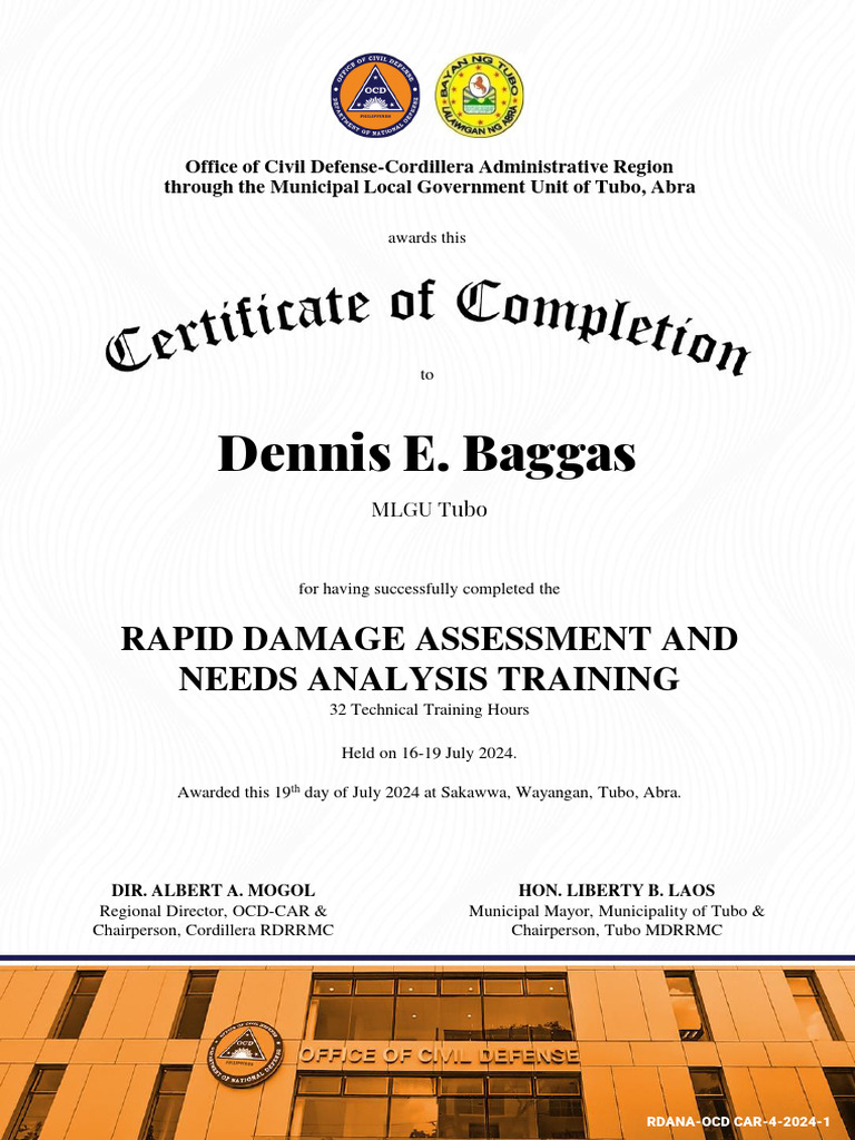 Certificate of Completion RDANA Training of Tubo | PDF | Local ...