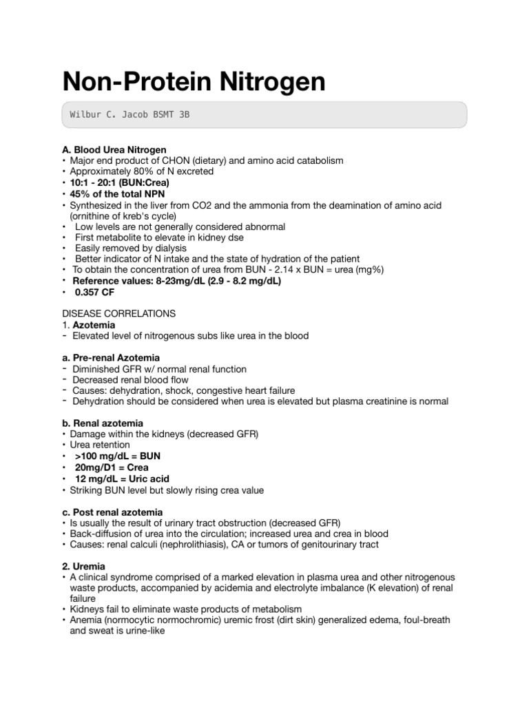 Non Protein Nitrogen | PDF | Creatinine | Kidney