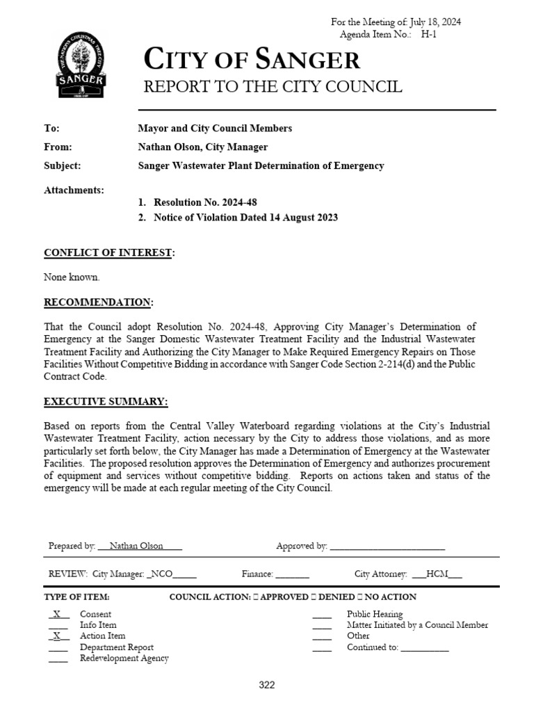 Sanger City Staff Report Wastewater Treatment Plant | PDF | Sewage ...