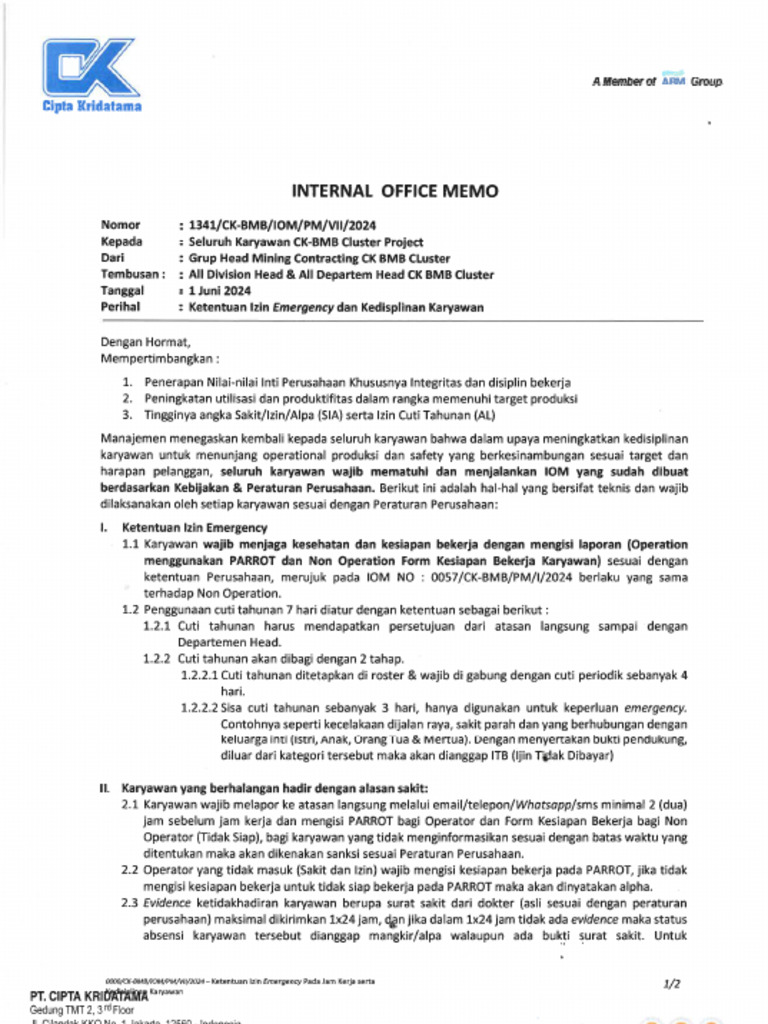 1341 IM Ketentuan Izin Emergency Dan Kedisiplinan Karyawan | PDF