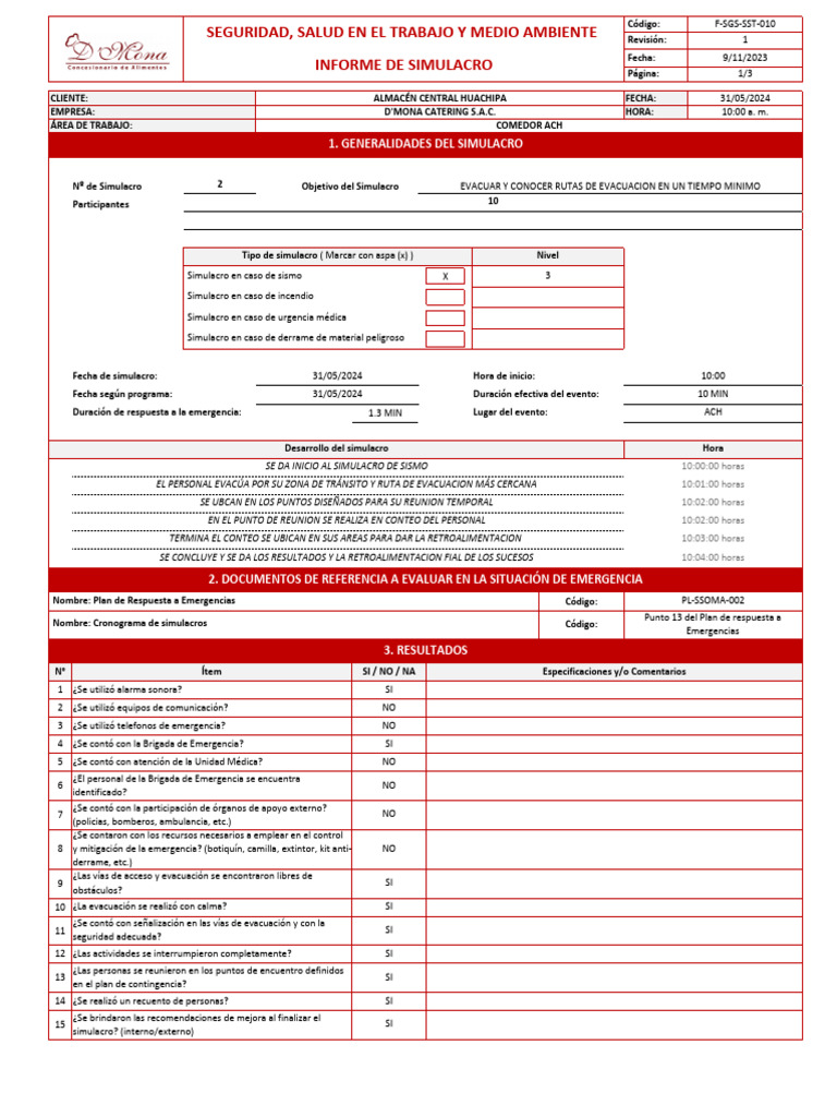 Informe de Simulacro de Emergencia | PDF | Simulación | Seguridad Pública