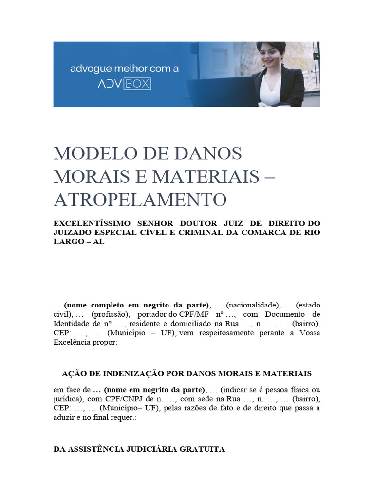 Modelo de Danos Morais e Materiais - Atropelamento | PDF | Indenização ...