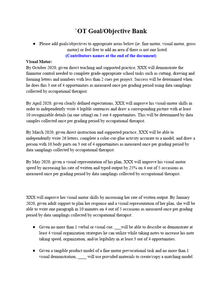 OT Goal Bank - School Based | PDF | Letter Case