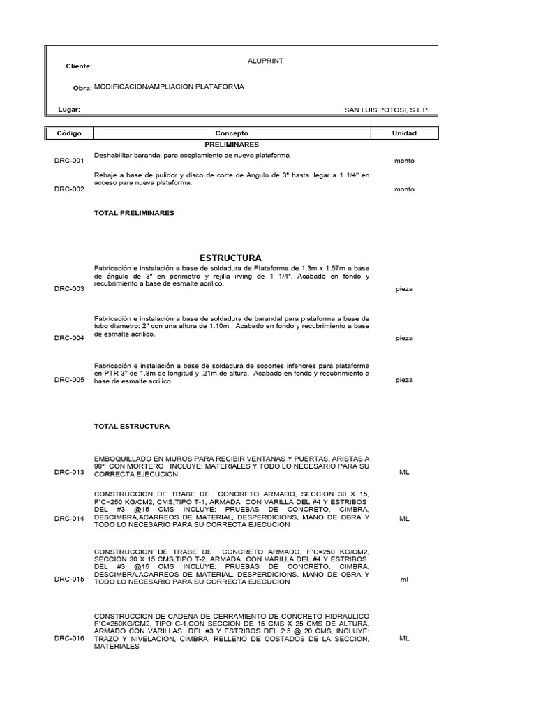 Modificación Plataforma Aluprint SLP | PDF | Hormigón | Ingeniería ...