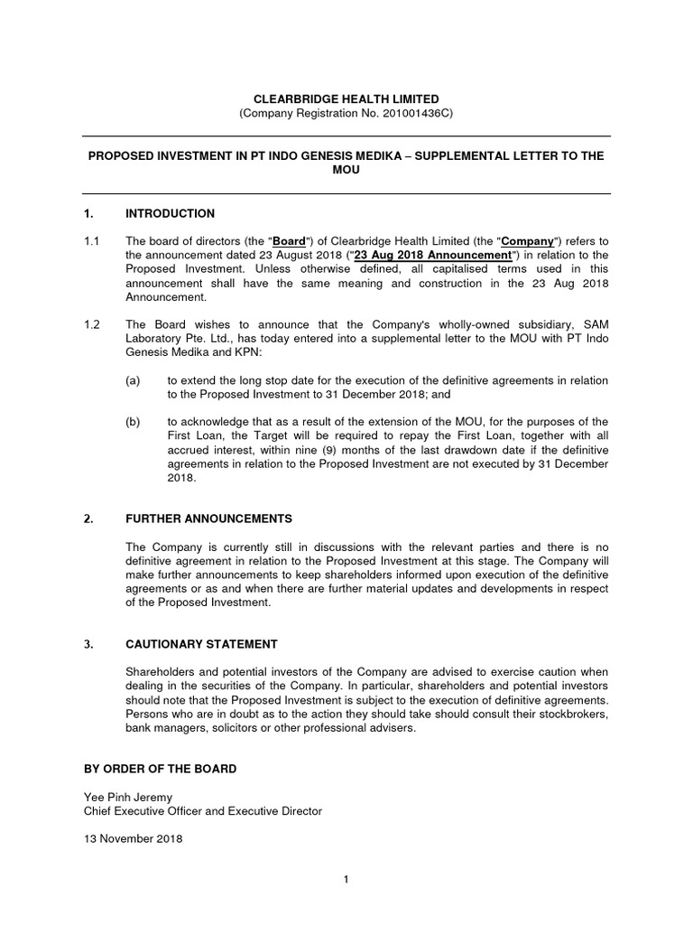 Proposed Investment in PT Indo Genesis Medika - Supplemental Letter To MOU | PDF | Private Law ...