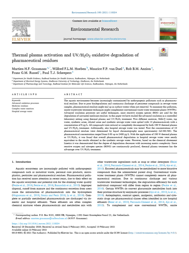 Thermal plasma activation and UV H2O2 oxidative degradation of ...