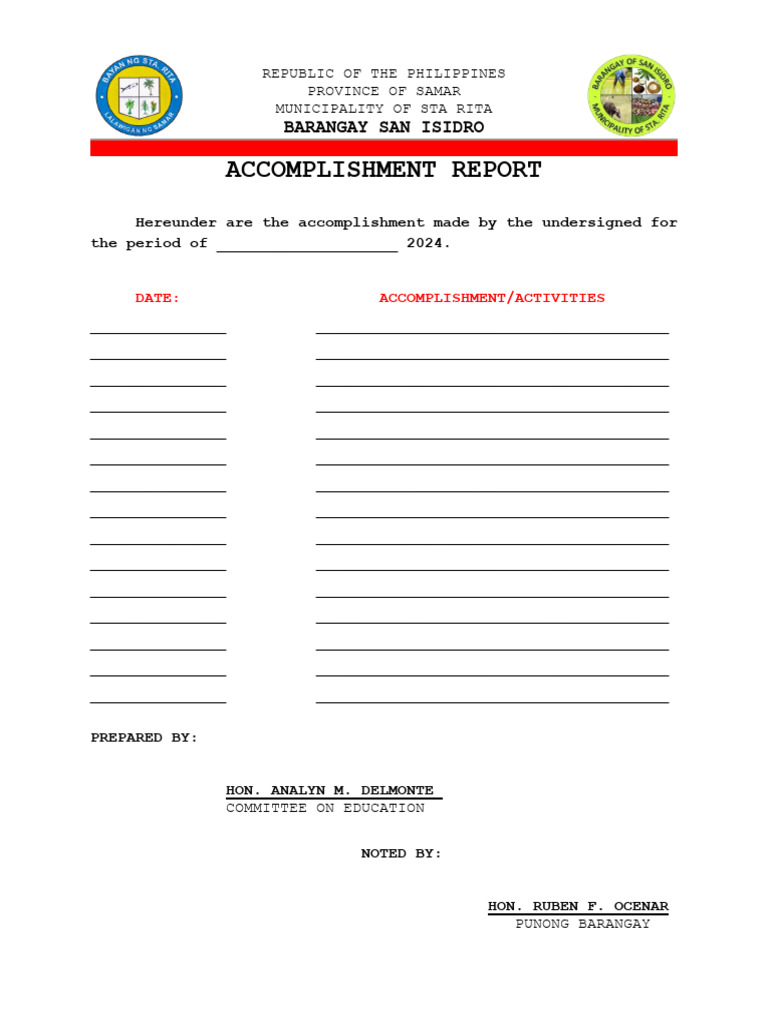 Sta Rita Barangay Accomplishment Report 2024 | PDF