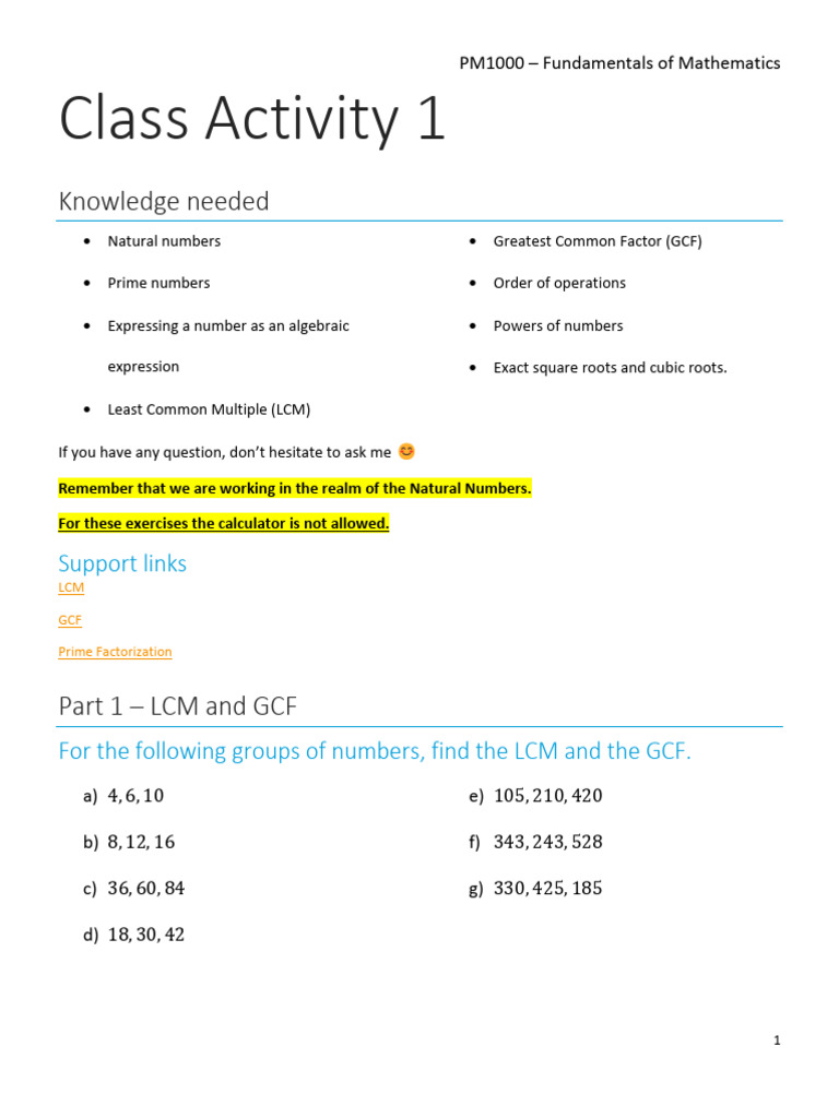 Class Activity 1 - LCM MCD Order or Operation Demonstration | PDF ...