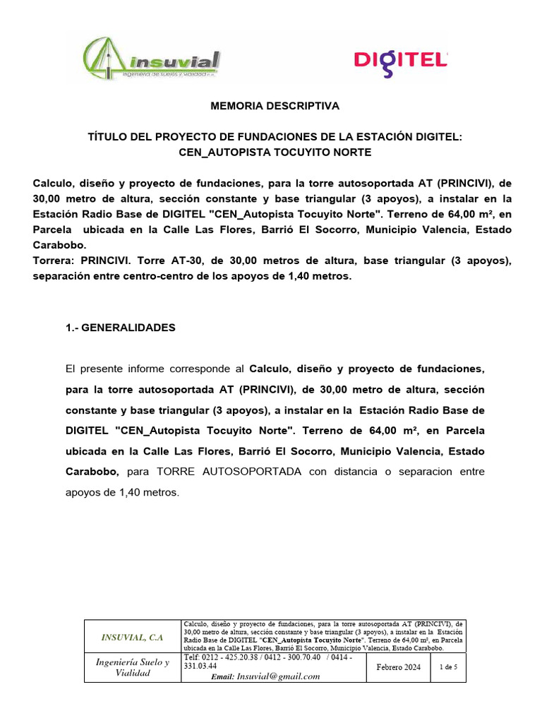 Fundaciones Torre DIGITEL 30m Carabobo | PDF
