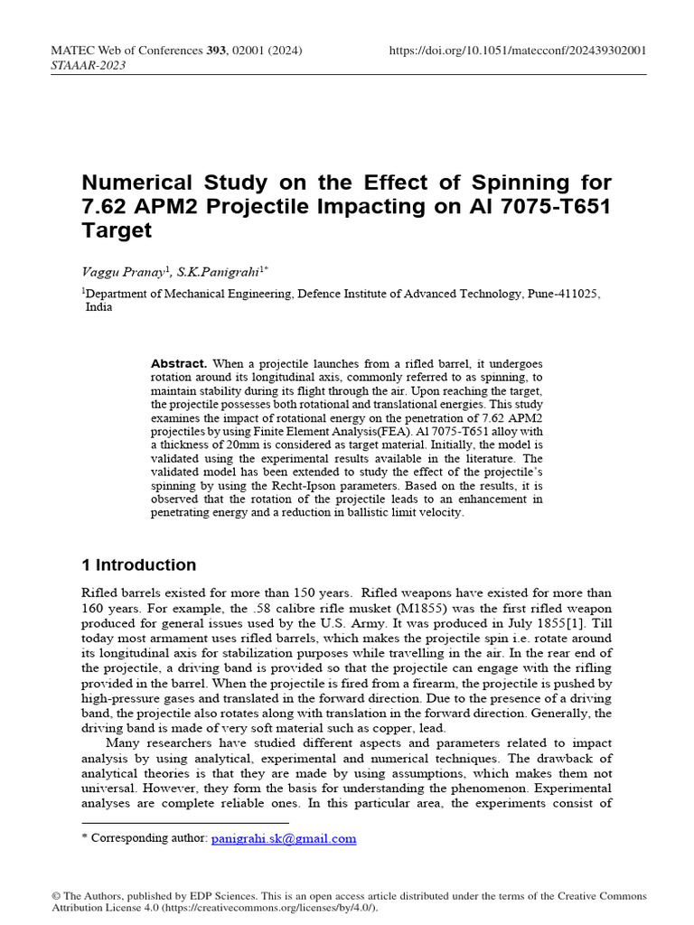 Numerical Study On The Effect of Spinning For 7.62 APM2 Projectile ...