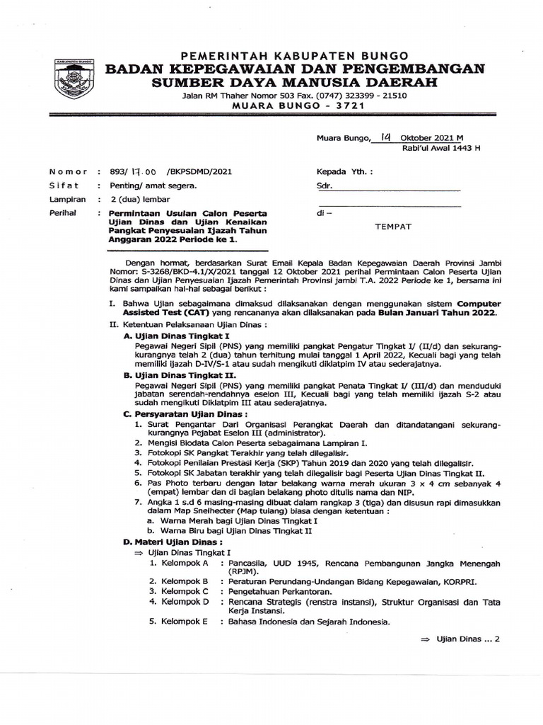 Edaran Ujian Dinas 2022 | PDF