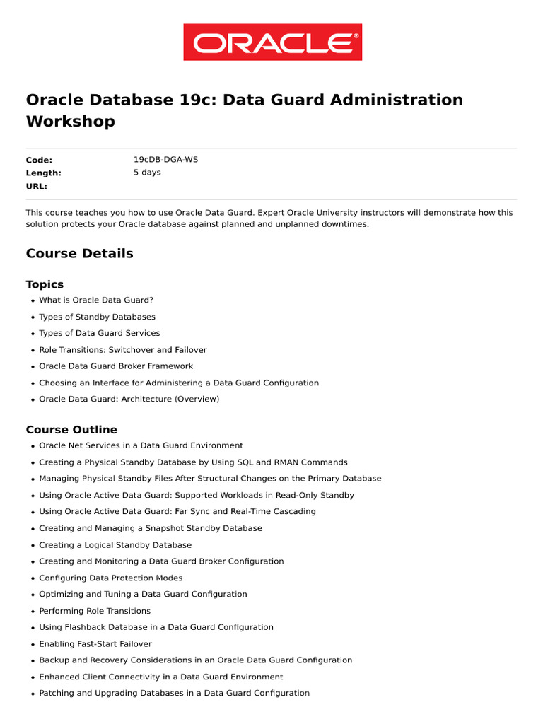 Oracle Database 19c Data Guard Administration Workshop | PDF