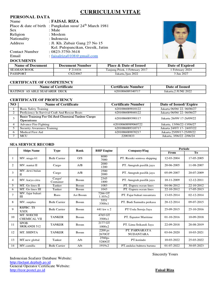Cv Bosun Riza New | Download Free PDF | Sailor | Shipping