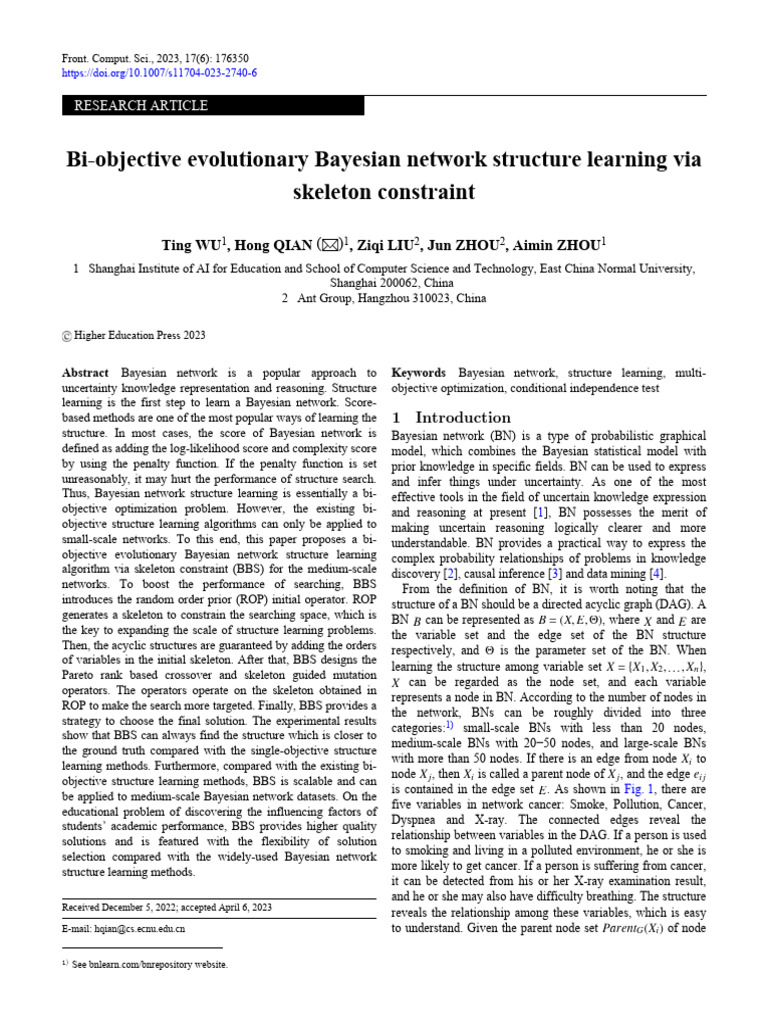 基于骨架约束的双目标演化贝叶斯网络结构学习｜FCS | PDF | Bayesian Network | Mathematical Optimization