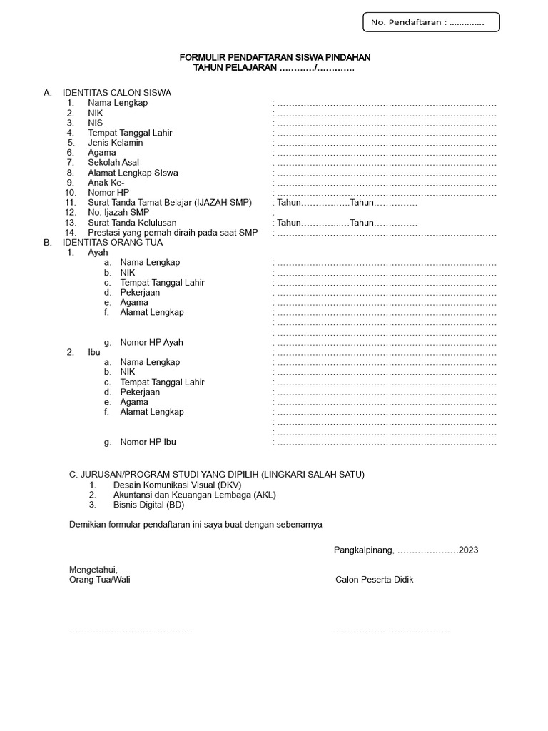 Formulir Pendaftaran Siswa Pindahan | PDF | Griya & Taman