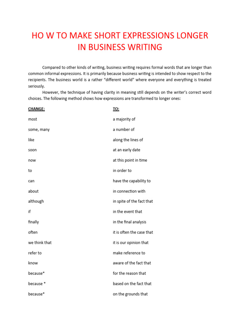 Lengthening Expressions in Business Writing | PDF | Business | Self ...