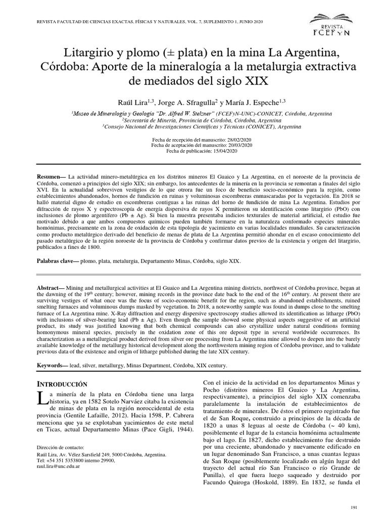 Litargirio y Plomo en Mina La Argentina | PDF | Dirigir | Mineral