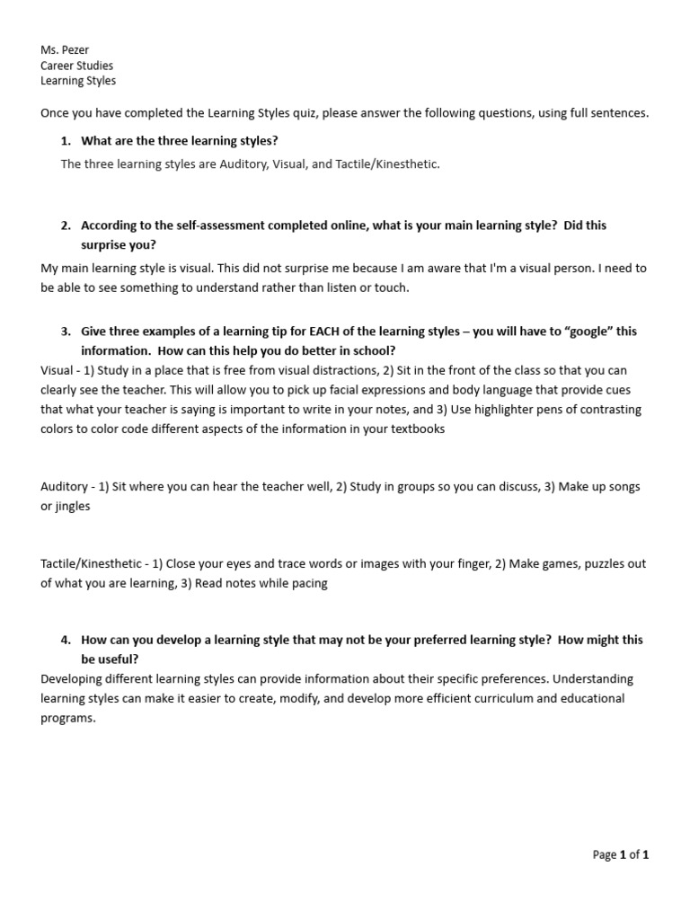 Learning Style Worksheet PDF | PDF | Career & Growth