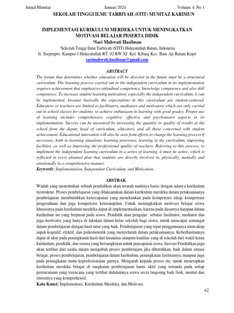 Implementasi Kurikulum Merdeka Untuk Meningkatkan Motivasi Belajar Peserta Didik | PDF | Karier ...