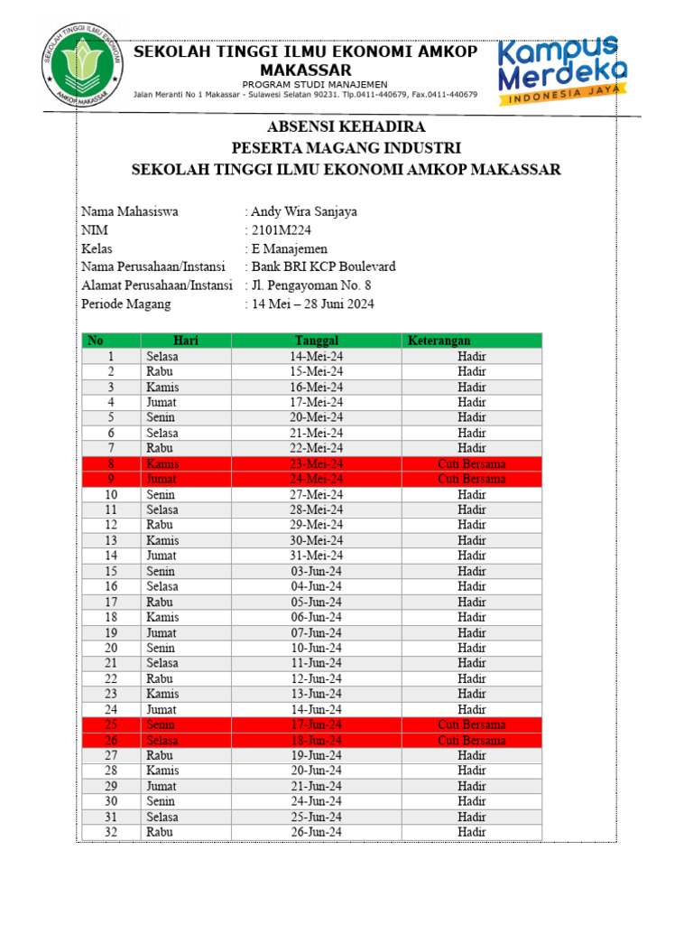 ABSENSI MAGANG ANDY WIRA SANJAYA | PDF