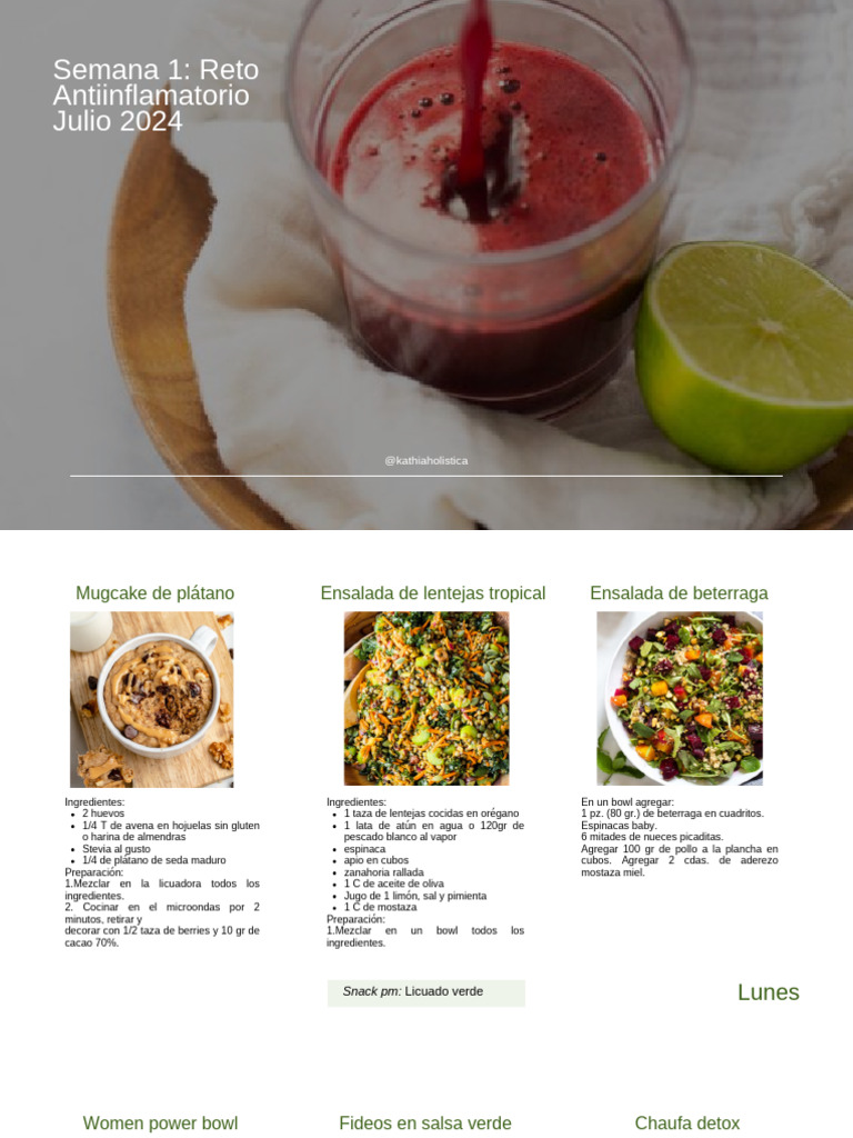 Menu 1 RETO ANTIINFLAMATORIO JULIO 2024 | PDF | ensalada | Alimentos