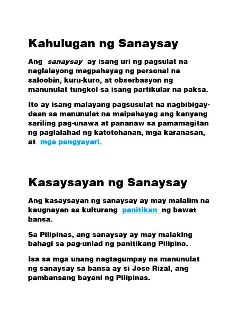 Kahulugan NG Sanaysay | PDF