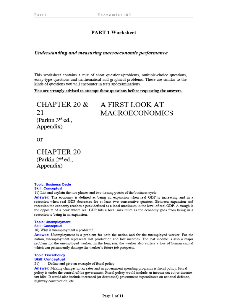Econ102 Part 1 Worksheet | PDF | Unemployment | Gross Domestic Product