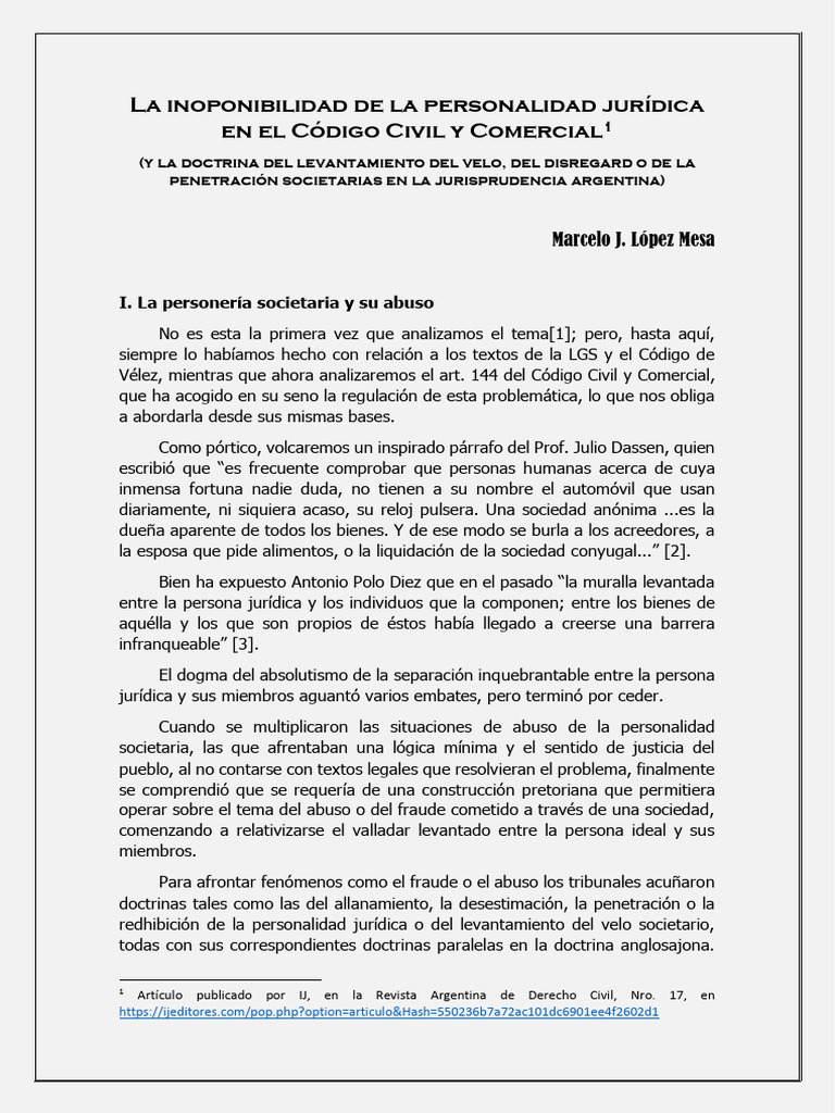 La Inoponibilidad de La Personalidad Jurídica en El Código Civil y ...