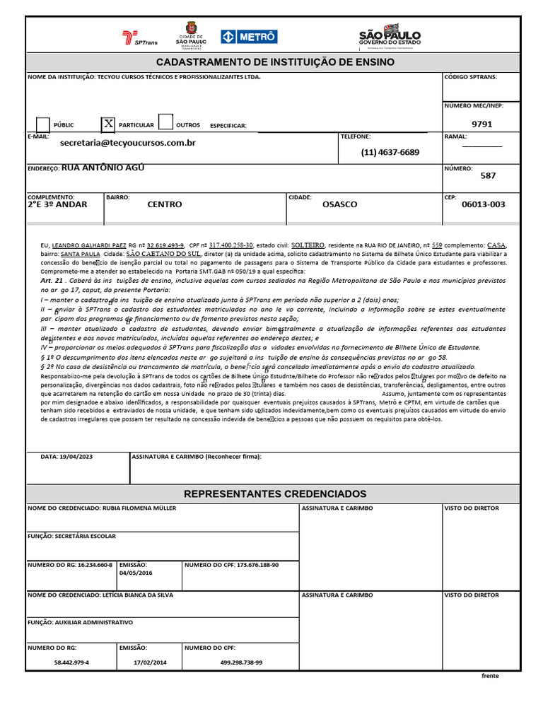 Formulário SPTrans - 2023 | PDF