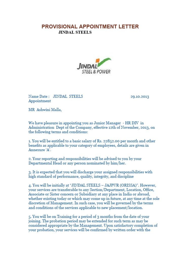 Jindal Steels Provisional Appointment Letter | PDF | Government ...