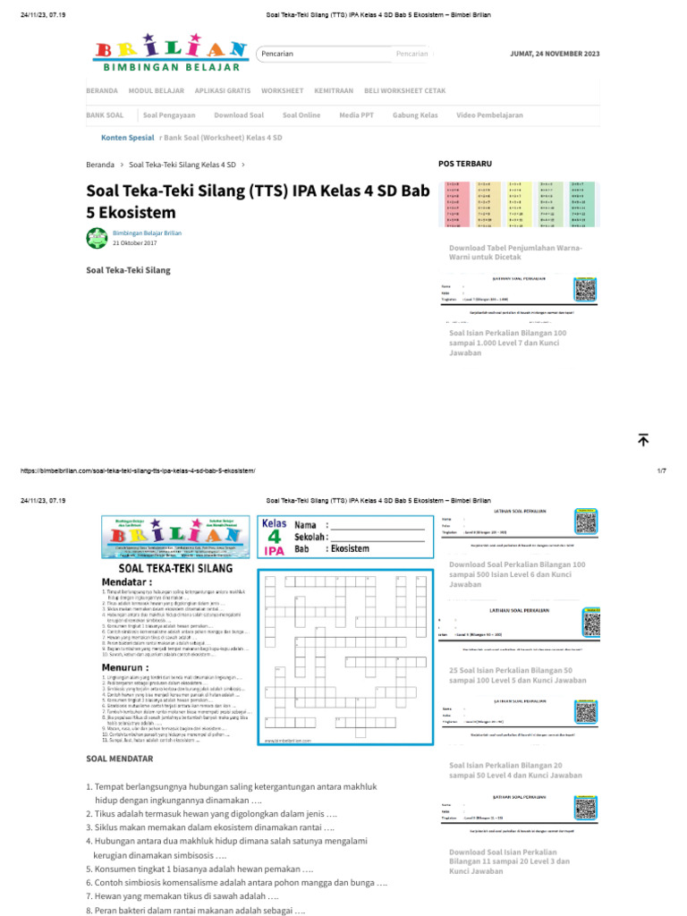 Soal Teka-Teki Silang (TTS) IPA Kelas 4 SD Bab 5 Ekosistem - Bimbel Brilian | PDF