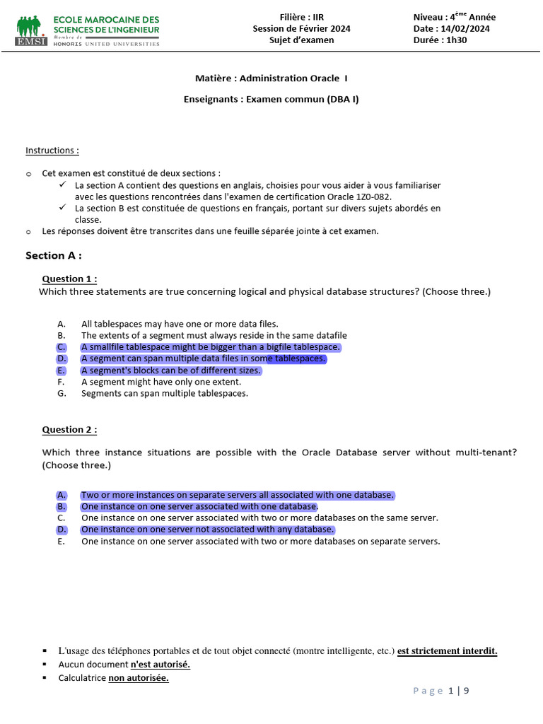 EMSI Examen Commun DBA1 (Template) Février-2024 V05 | PDF | Databases | Computing