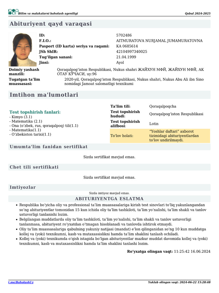 Aitmuratova Nurjamal Jumamuratovna Qayd Varaqa | PDF