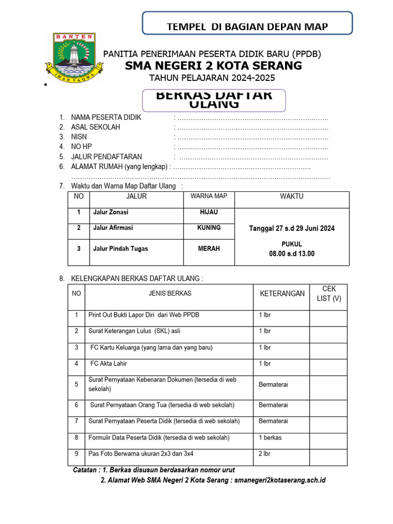 FORM-ATAS-MAP-BERKAS-DAFTAR-ULANG-1 | PDF