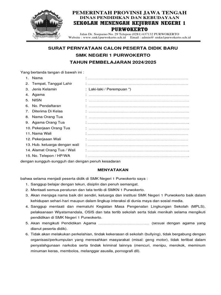 2 - Print - PPDB - SMKN 1 PWT - Pernyataan Peserta Didik Baru 2024 | PDF | Ilmu Sosial ...