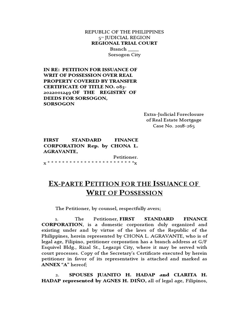 Petition For Issuance of Writ of Possession-FSFC | PDF | Mortgage Law ...