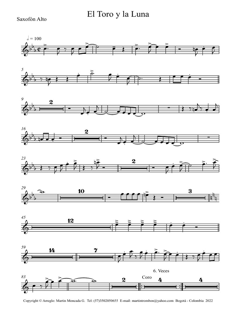 Partition Saxophone Alto - El Toro y la Luna | PDF