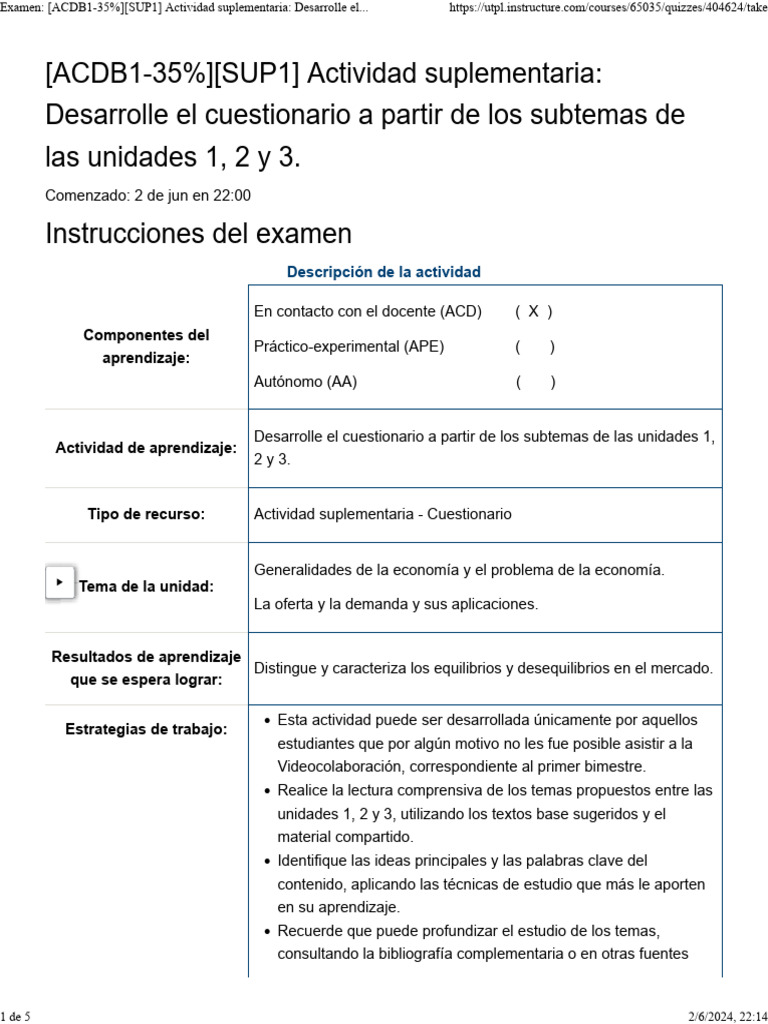 Examen (ACDB1-35 - ) (SUP1) Economia 2 Actividad Suplementaria Desarrolle El Cuestionario A ...