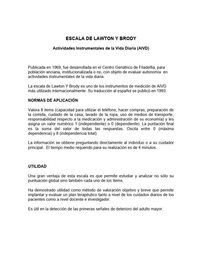 Escala de Lawton y Brody | PDF | Geriatría
