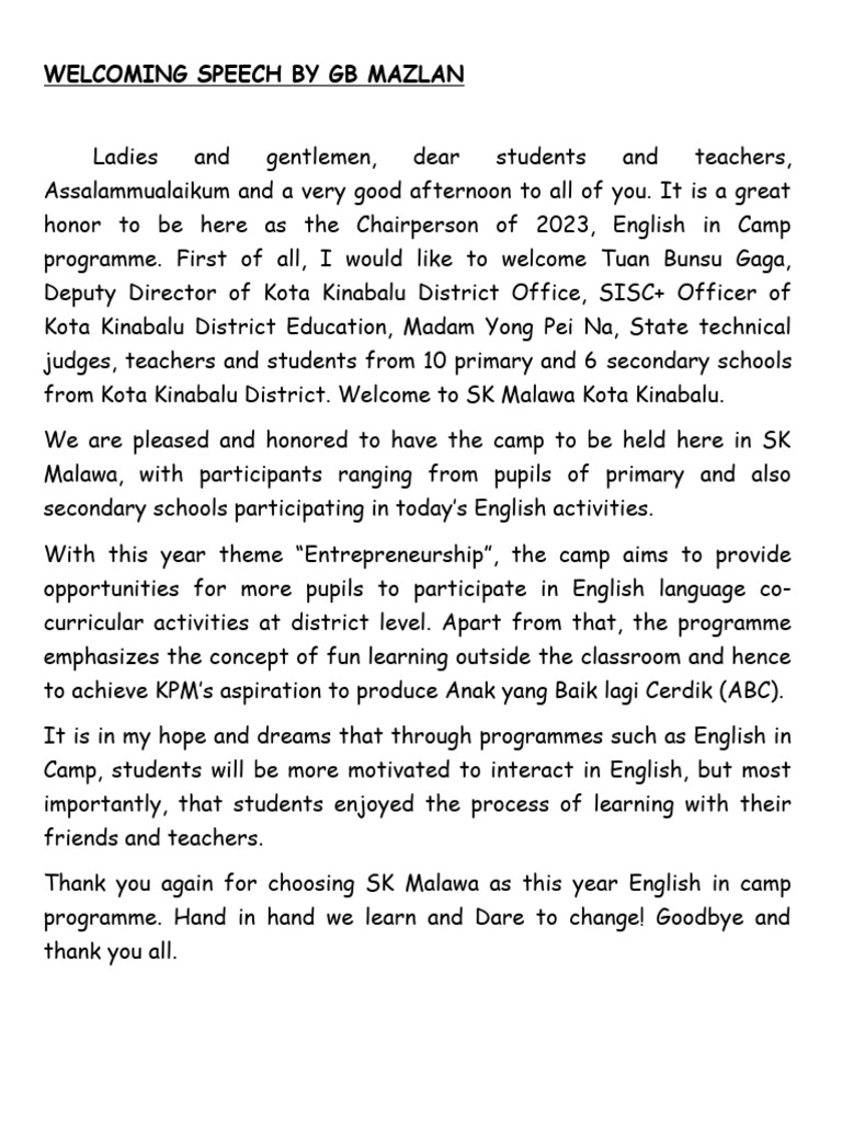 WELCOMING SPEECH | PDF | Human Communication | Cognition