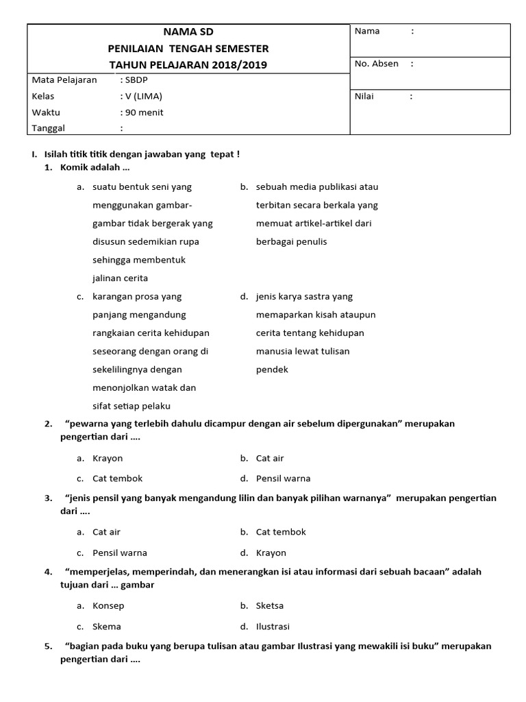 Soal PTS SBDP Kelas 5 Sem 1 Tematik Oknew | PDF