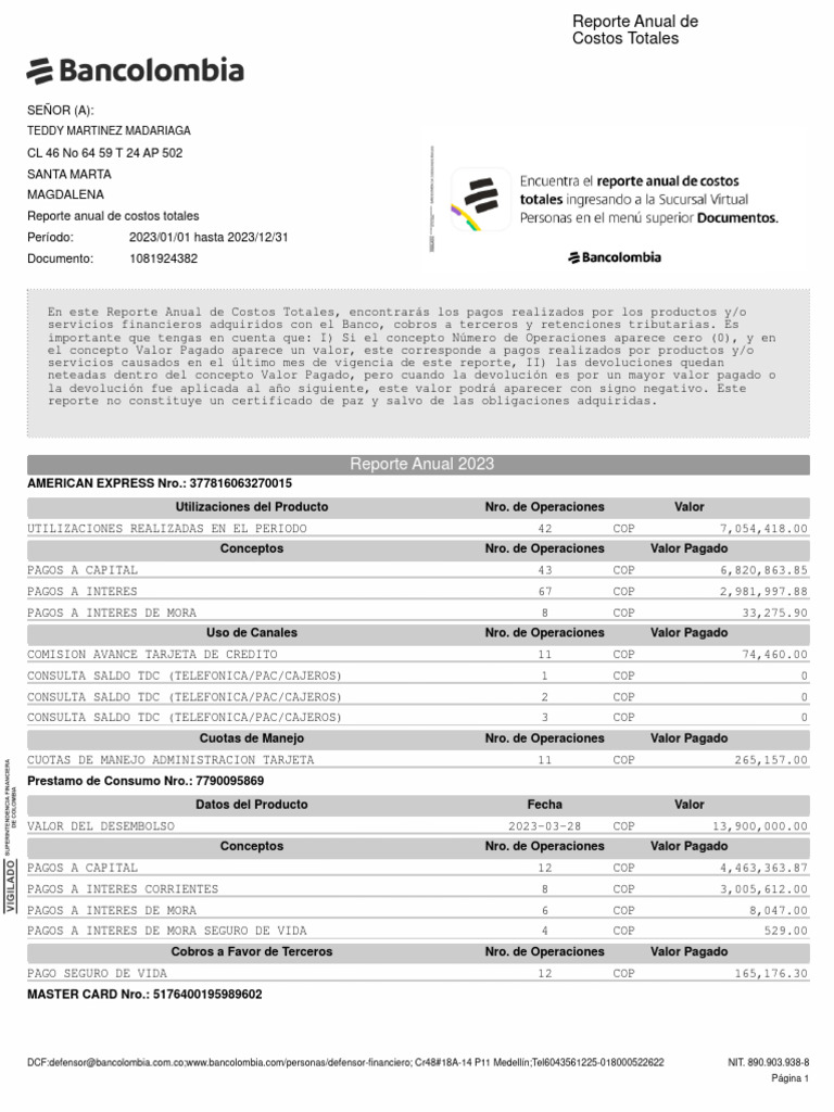 Documento 202312 Reporte de Costos Totales 4382 | PDF | Interés | Tarjeta de crédito