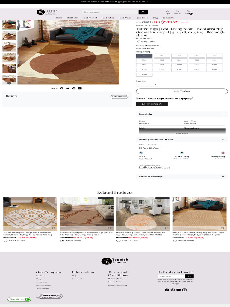 Tufted rugs | Bed, Living room | Wool area rug | Geometric carpet | 5x7 ...