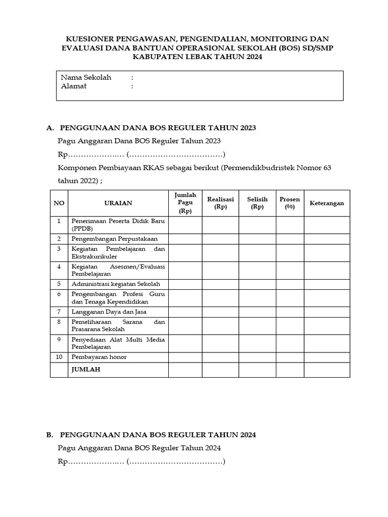 Kuesioner Audit Operasional - BOS SD - SMP - 2024-Update-Rev 1 | PDF