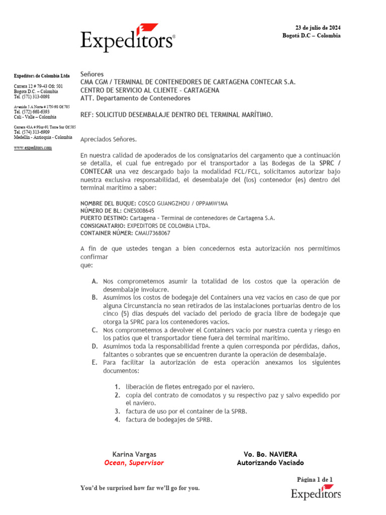 CARTA VACIADO CMA CGM | Descargar gratis PDF | Colombia | Envío CARTA VACIADO CMA CGM | Descargar gratis PDF | Colombia | Envío