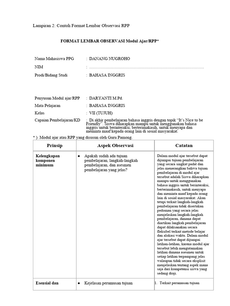 Lampiran 2 - Format Lembar Observasi RPP | PDF