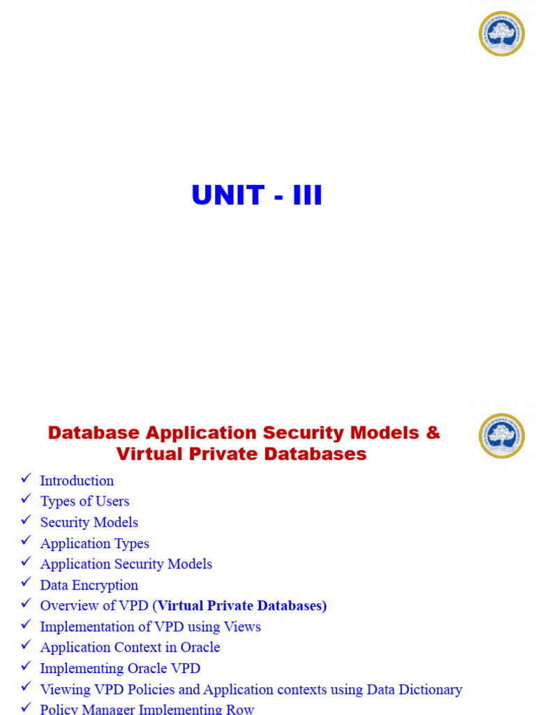 UNIT - III - Database Security and Privacy | PDF | Key (Cryptography) | Databases