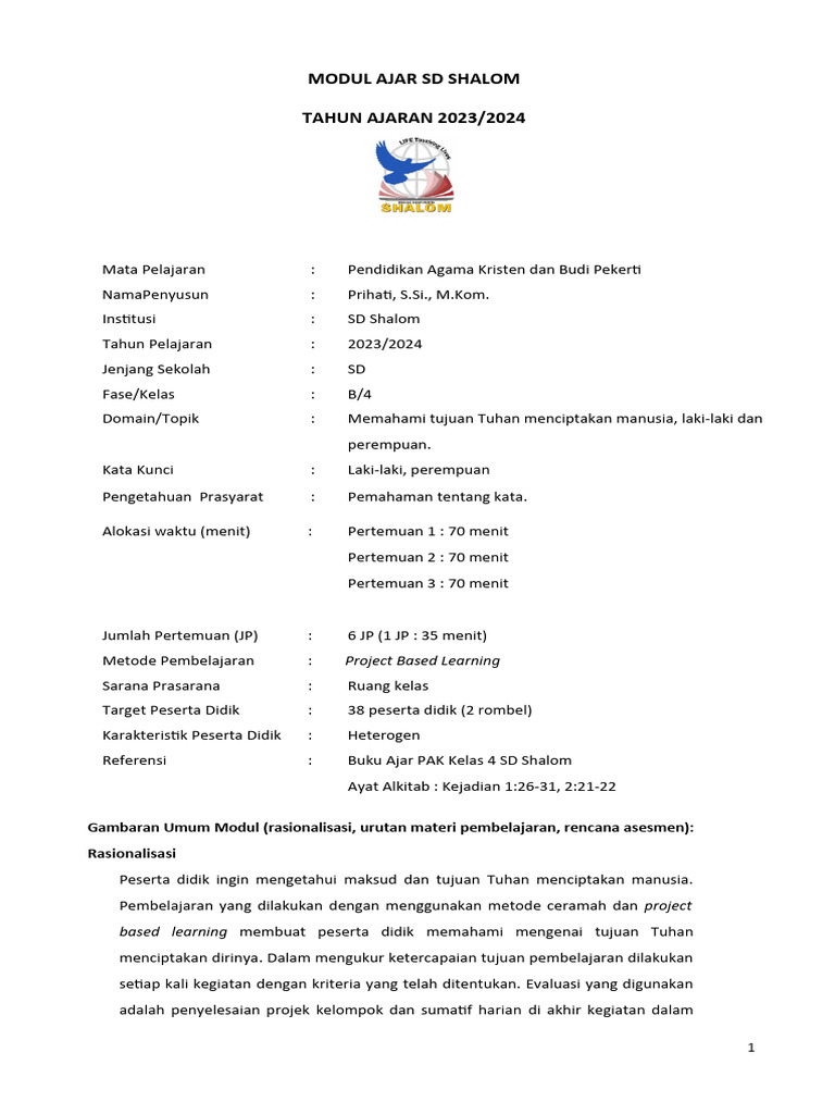 Modul Ajar PAK SD Shalom 2023/2024 | PDF
