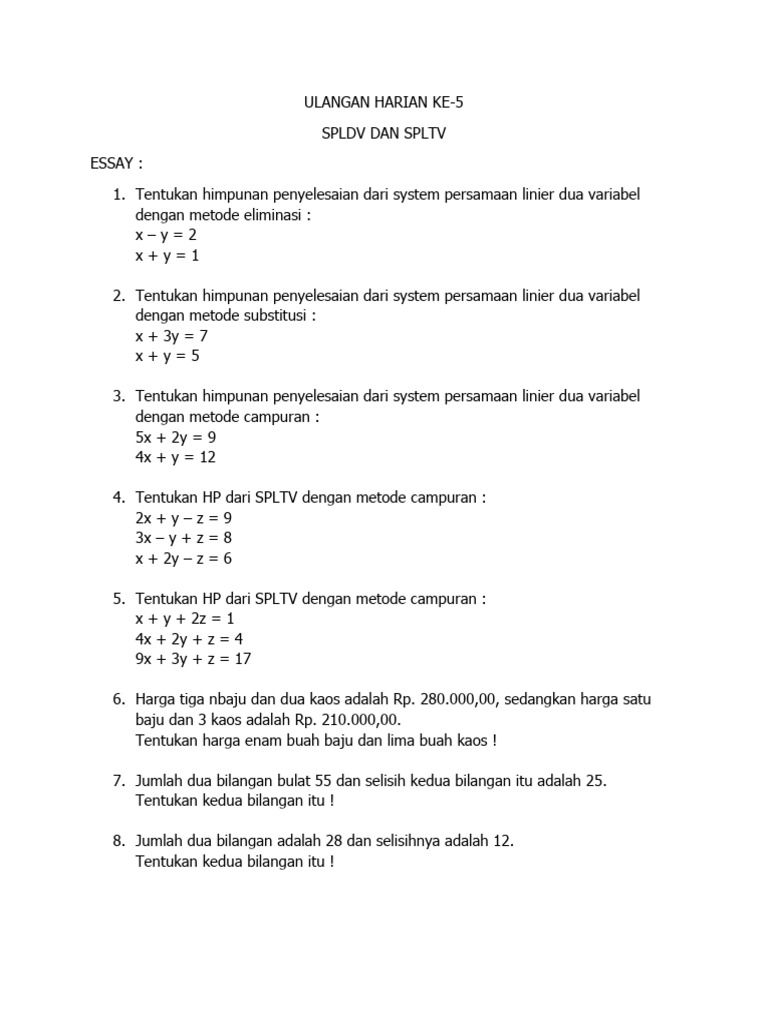 Ulangan Matematika SPLDV/SPLTV | PDF | Metode & Bahan Ajar | Sains ...
