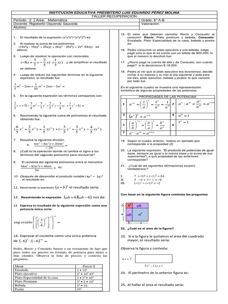 Taller Recup - Mat. 8° P2 2020 | PDF | Matemática Elemental | Álgebra